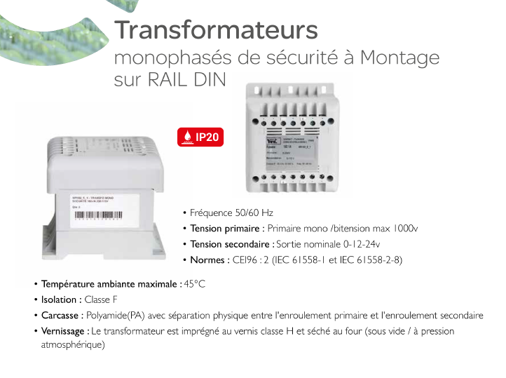 Transformateur monophasé de sécurité à Montage sur RAIL DIN - VARAT